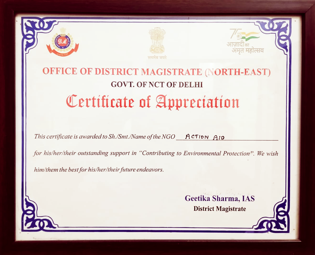 Certificate of Appreciation from District Magistrate Office - ActionAid ...